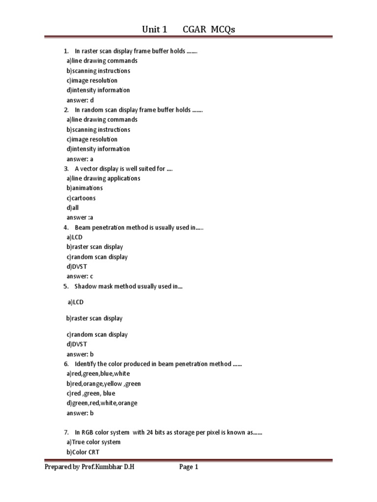UNIT 1 CGAR MCQs | Download Free PDF | Display Resolution | Computer Monitor