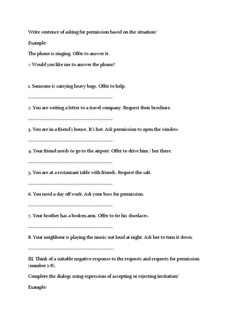 Write Sentence of Asking For Permission Based On The Situation | PDF