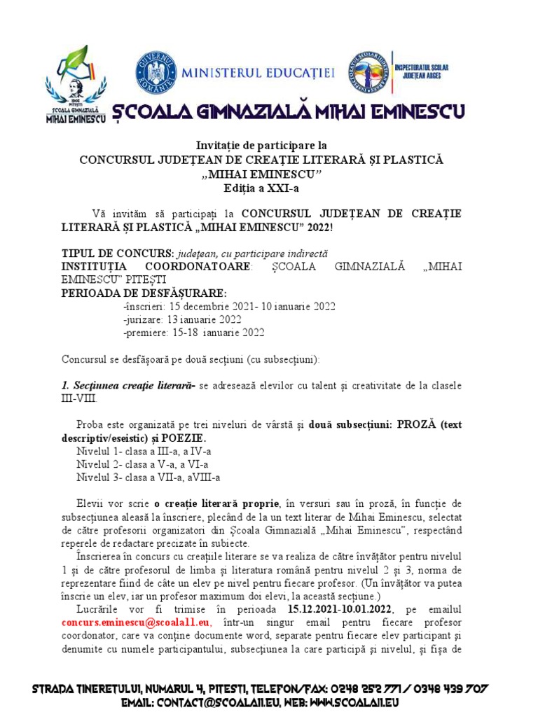 Invitatie-Concurs Mihai Eminescu-2022 | PDF