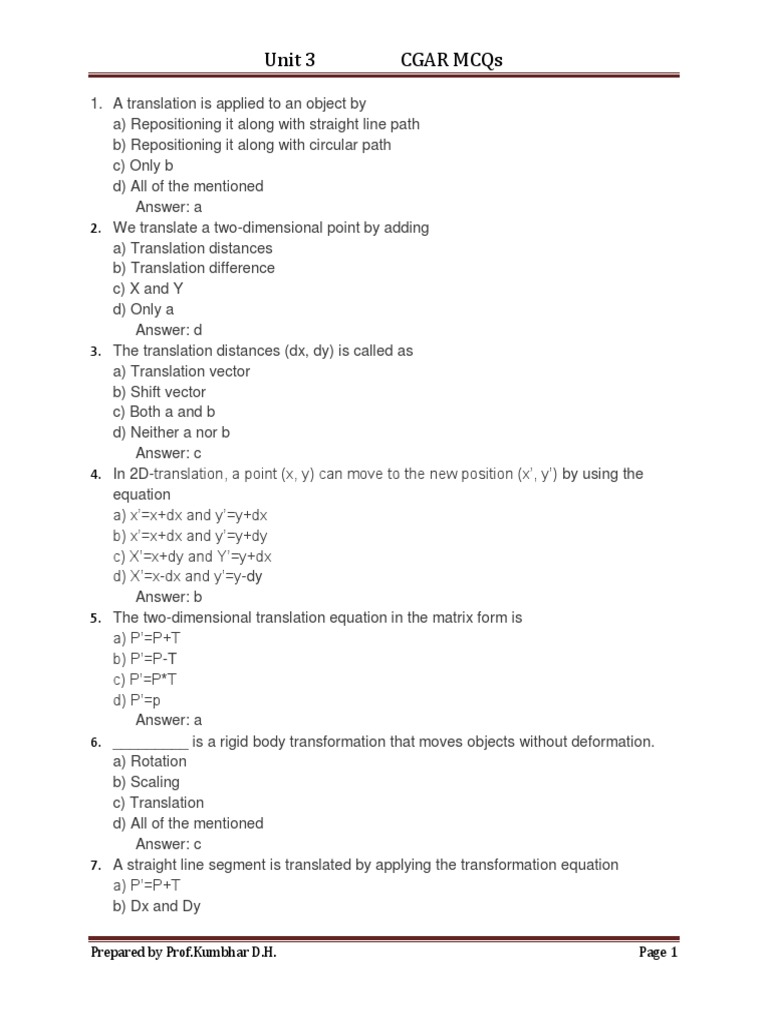 UNIT 3 CGAR MCQs | PDF | Perspective (Graphical) | 2 D Computer Graphics