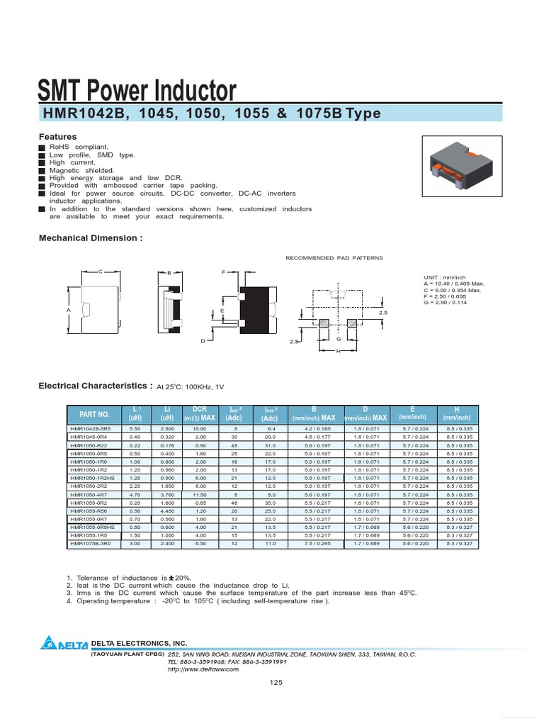 SMT Power Inductor: HMR1042B, 1045, 1050, 1055 & 1075B Type | PDF ...