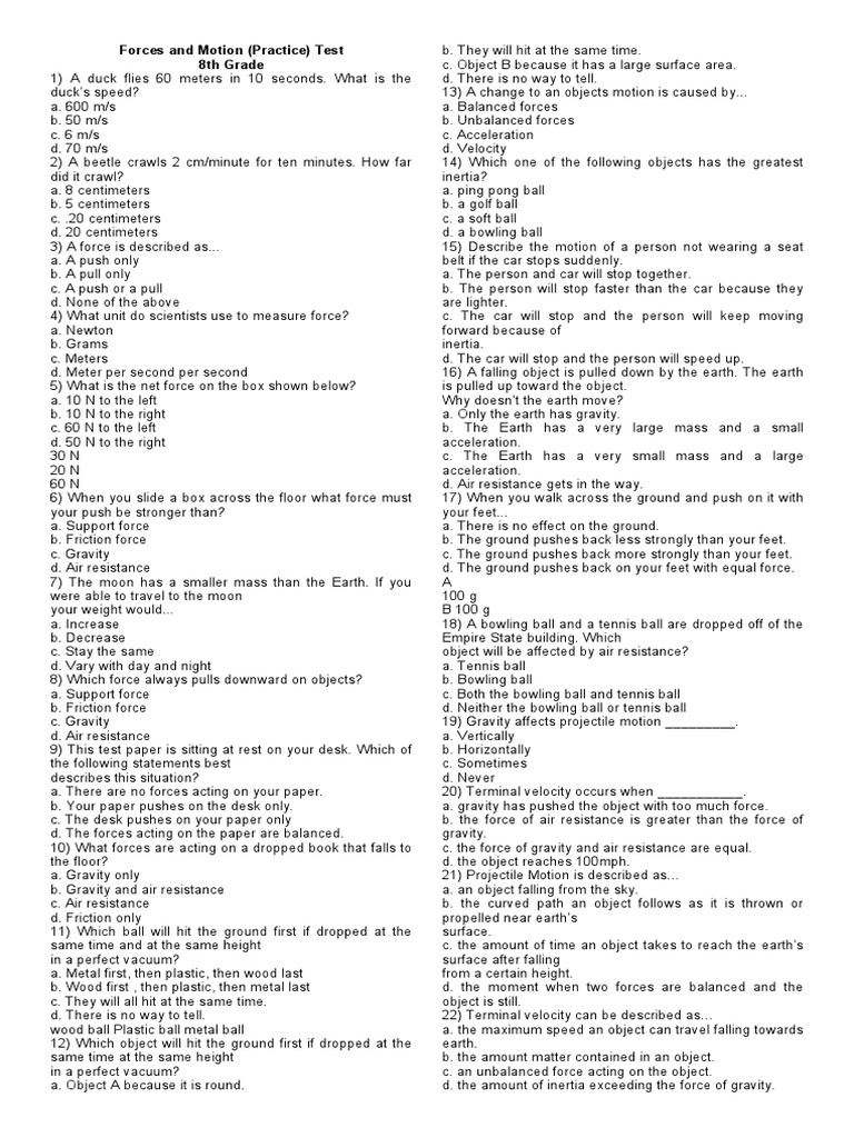Forces and Motion (Practice) Test 8th Grade | PDF | Force | Friction
