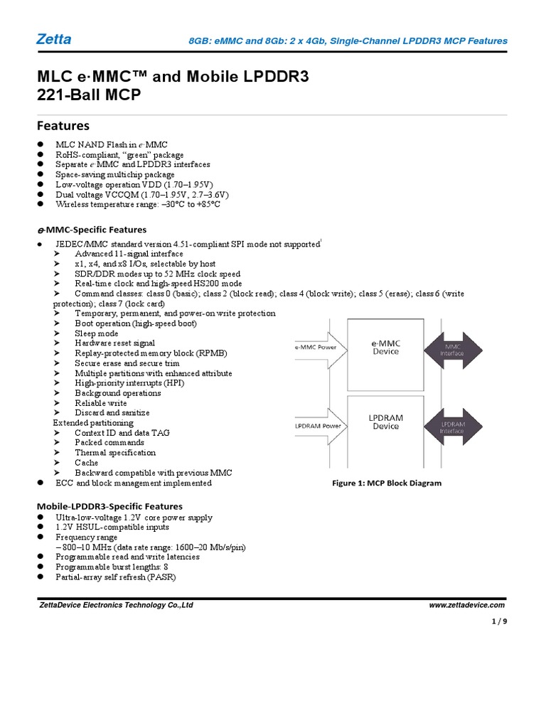 Zetta - 8GB eMMC and 8Gb 2 X 4Gb LPDDR3 MCP - Datasheet | PDF | Computing | Computer Architecture