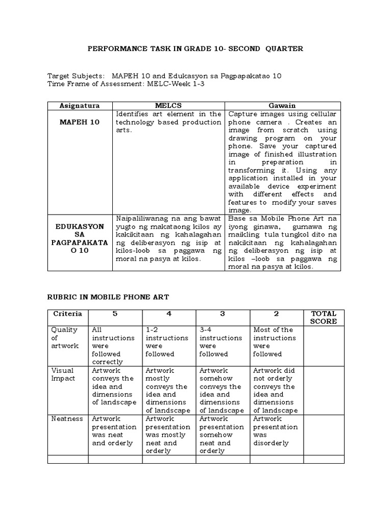 Performance Task in Grade 10-Second Quarter | PDF