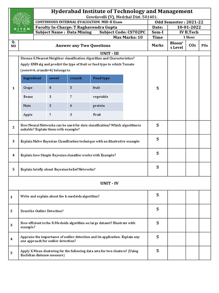 DM Question Bank For - 2nd Mid Exams | PDF | Cluster Analysis ...