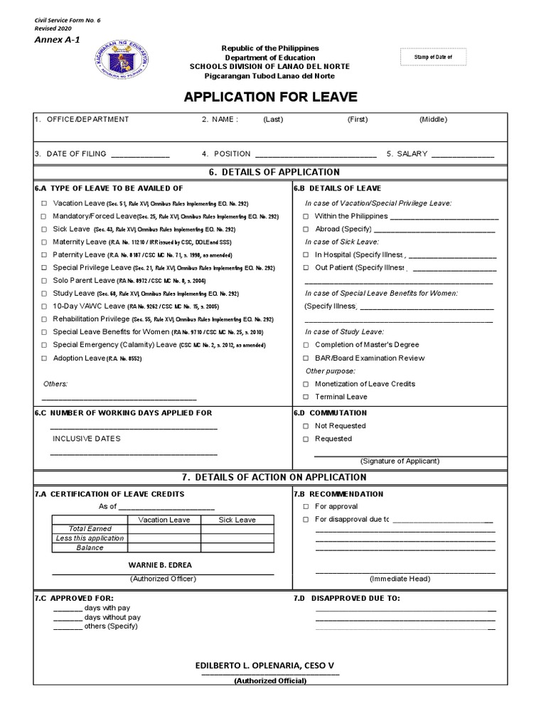Cs Form No 6 Revised 2020 More Than 60 Days Pdf Social Programs