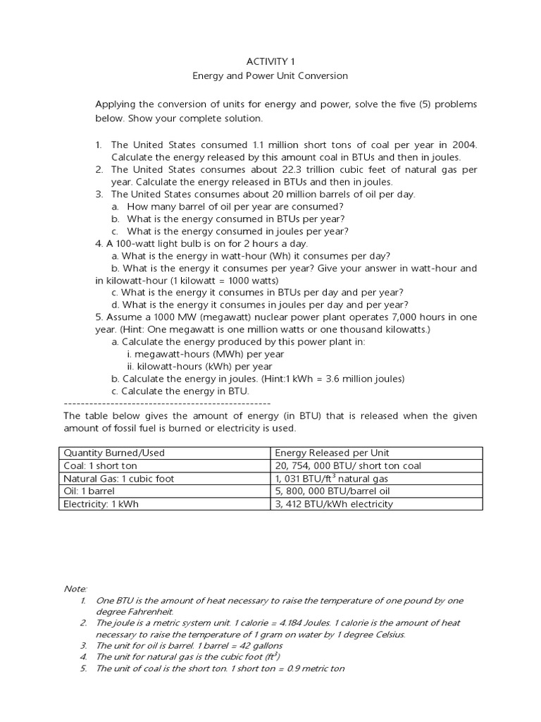 Activity 1 - Energy and Power Unit Conversion | PDF | British Thermal ...