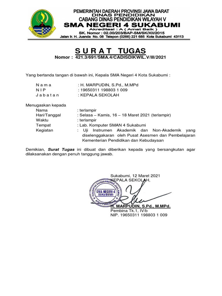Surat Tugas Uji Coba Instrumen Akademik PUSMENJAR | PDF