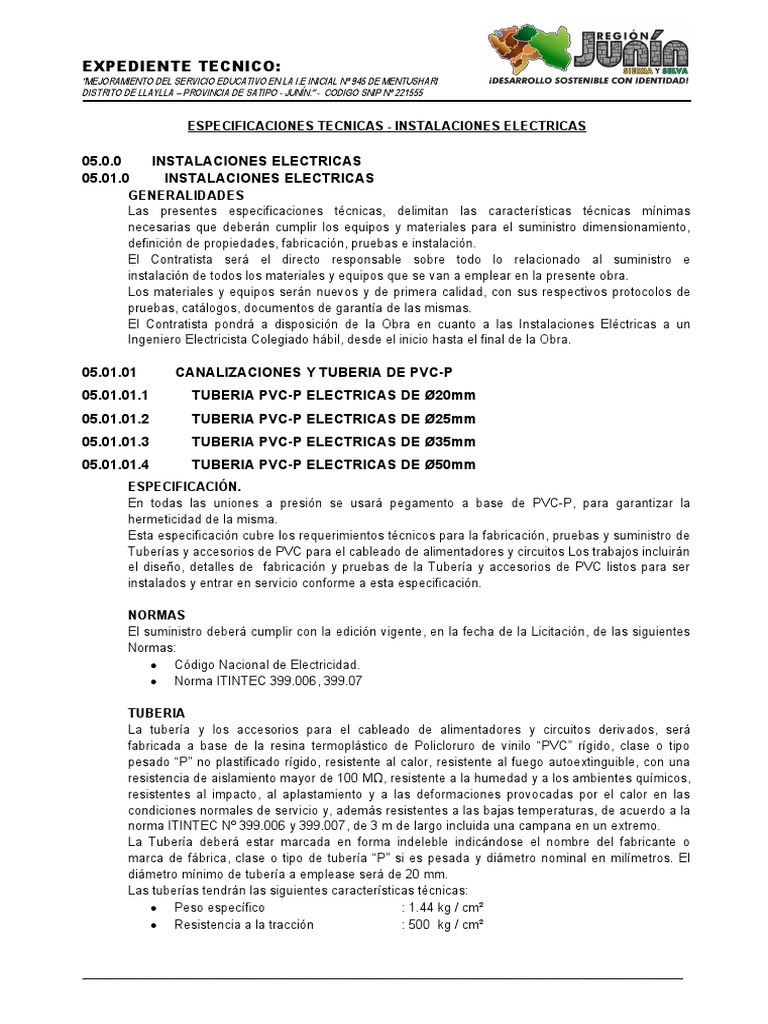 04 Especificaciones Tecnicas Instalaciones Electricas | PDF | Tubería (transporte de fluidos ...