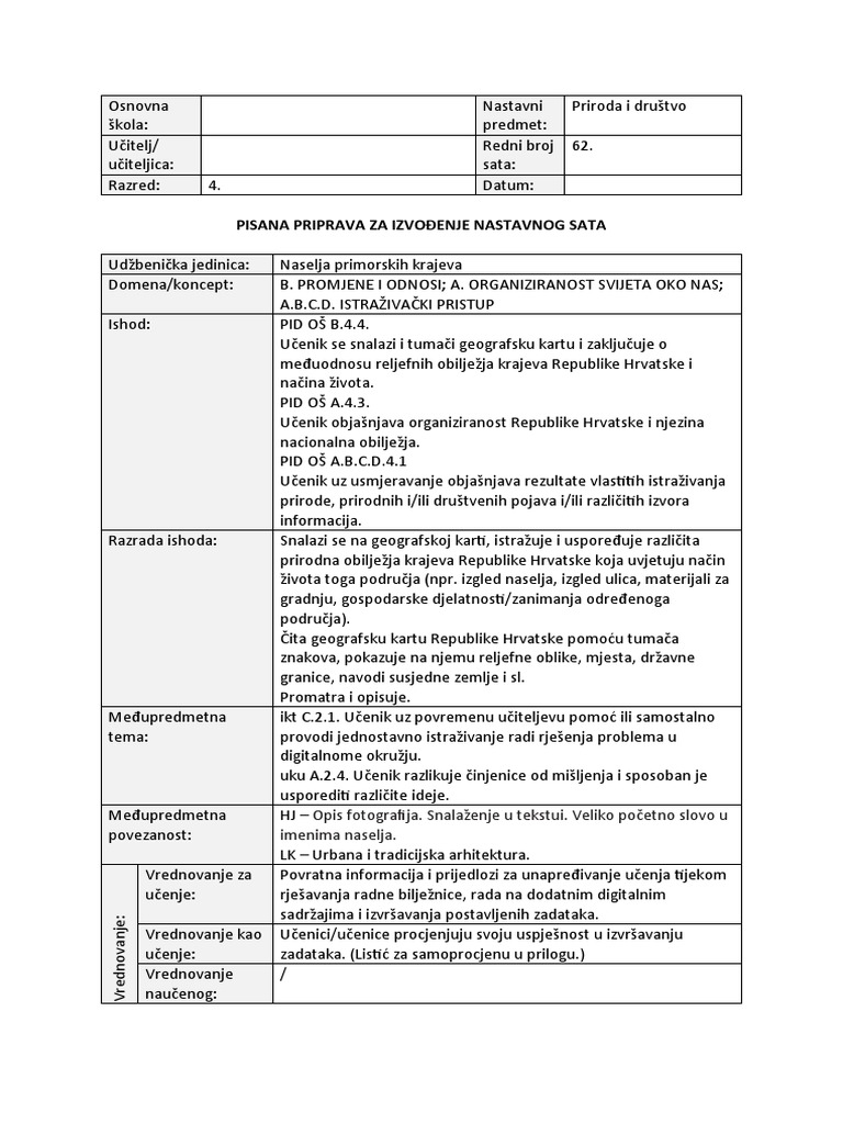 Pisana Priprava Za Izvođenje Nastavnog Sata | PDF