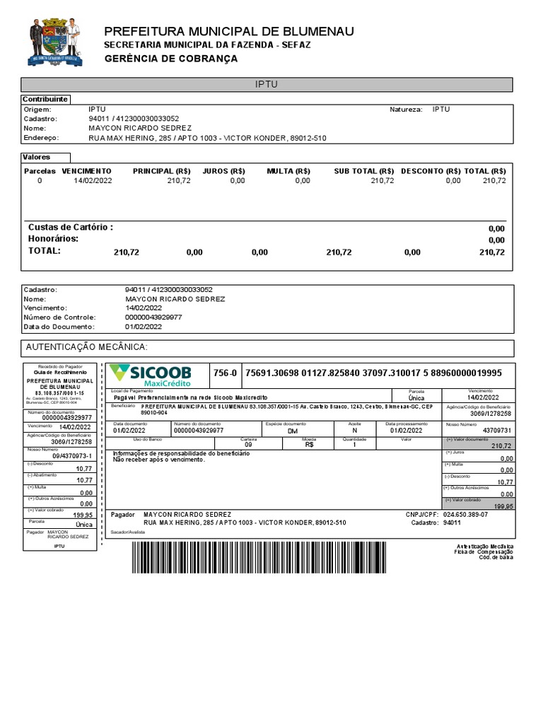Boletim de pagamento de IPTU com detalhes do contribuinte, valores e ...