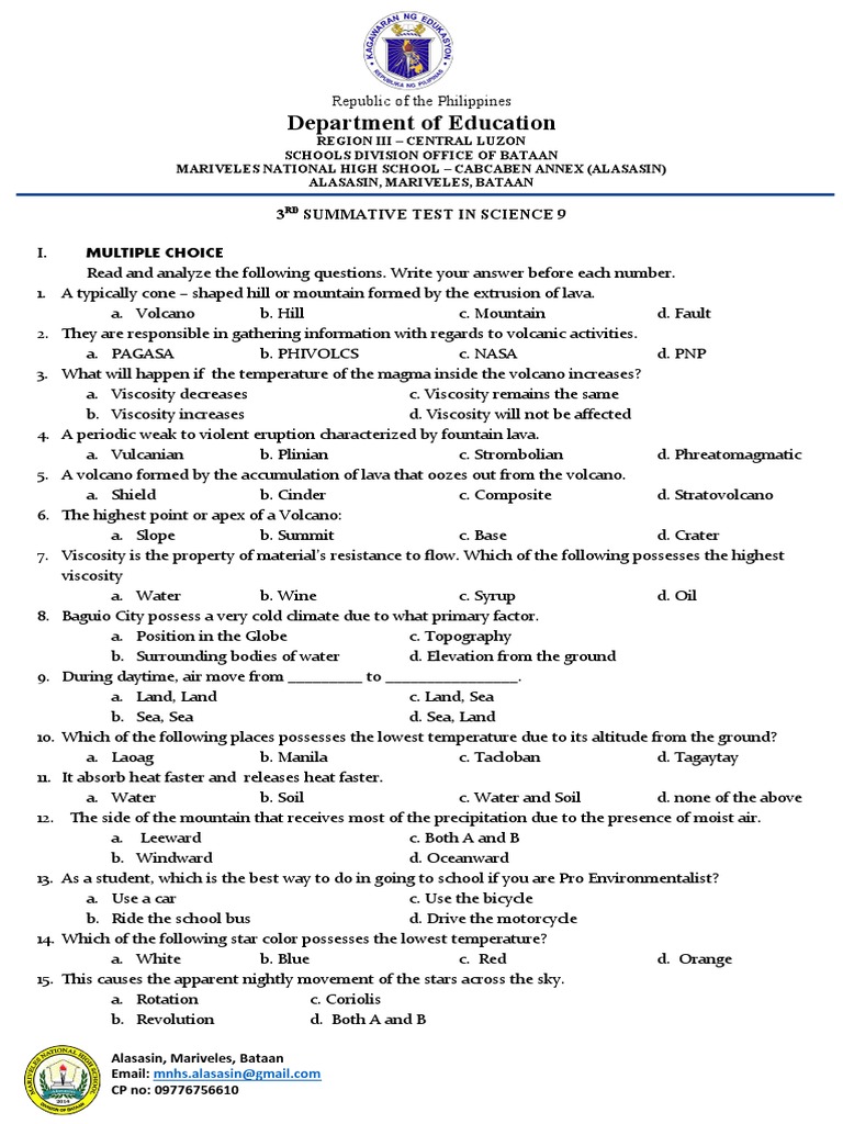 Department of Education: 3 Summative Test in Science 9 I. Multiple ...