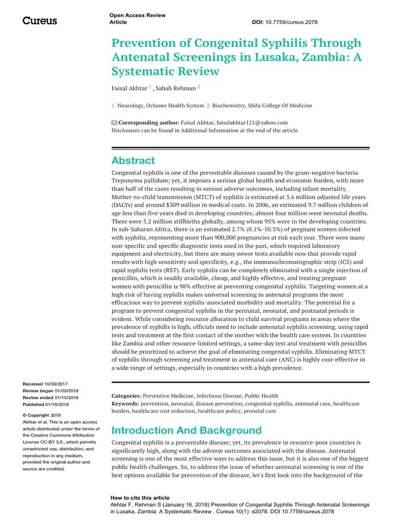 Prevention of Congenital Syphilis Through Antenatal Screenings in ...