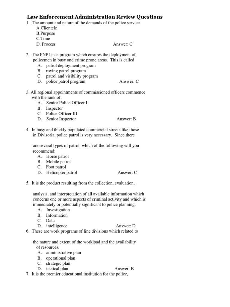 Law Enforcement Administration Review Questions | PDF | Classified ...