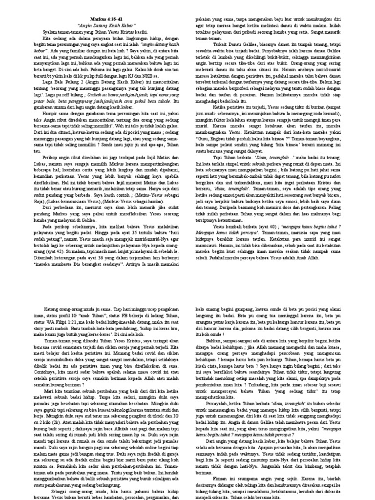 Yesus Meredakan Angin Ribut | PDF