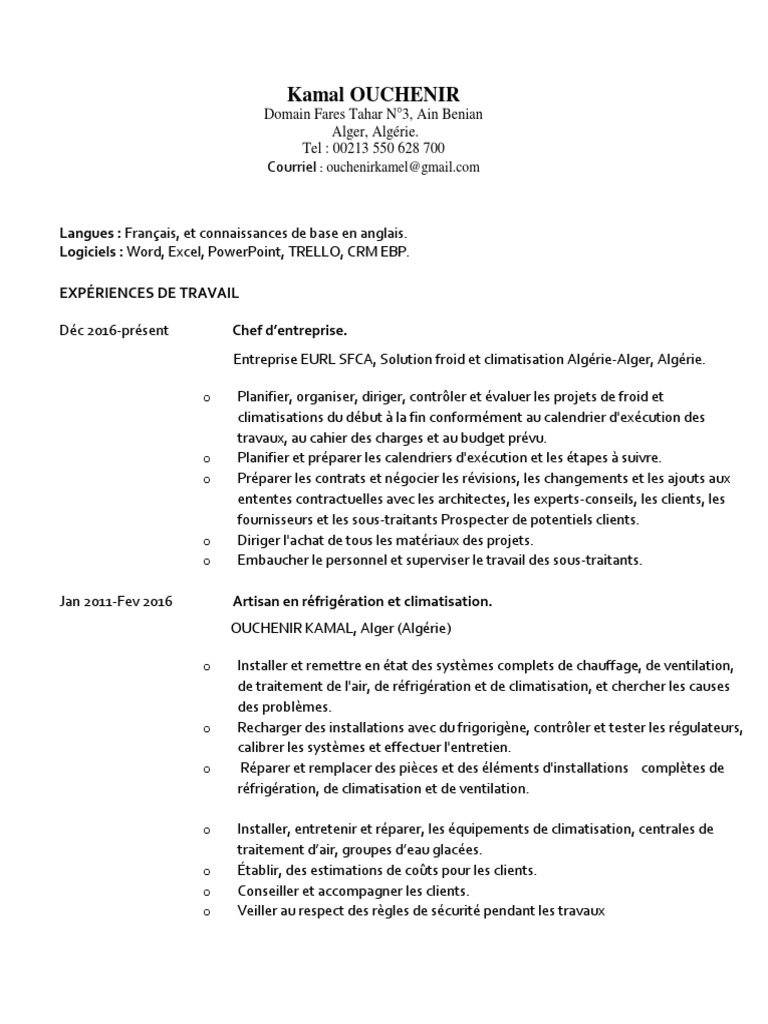 CV de Kamal Ouchenir - Frigoriste Expert | PDF | Climatisation | Accueil
