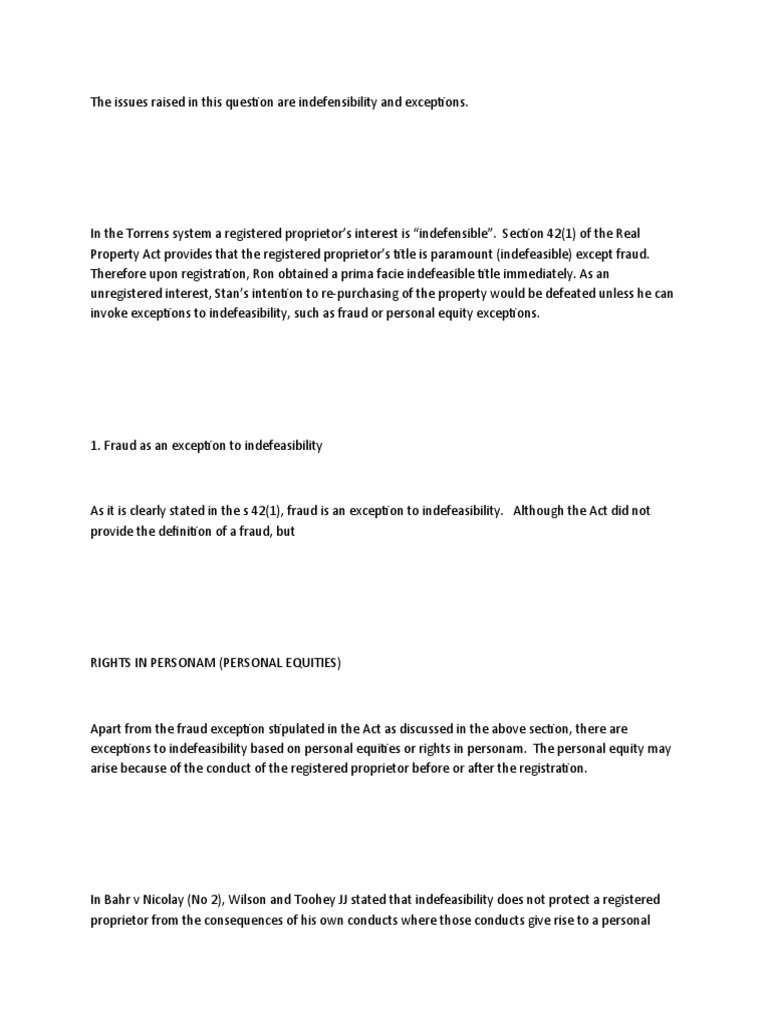 Indefeasibility and Exceptions in Torrens System | PDF | Law