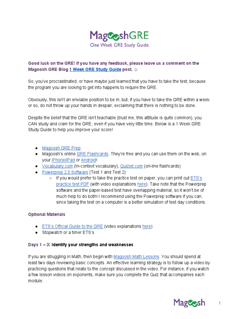 2 Week Study Plan GRE | Download Free PDF | Graduate Record ...
