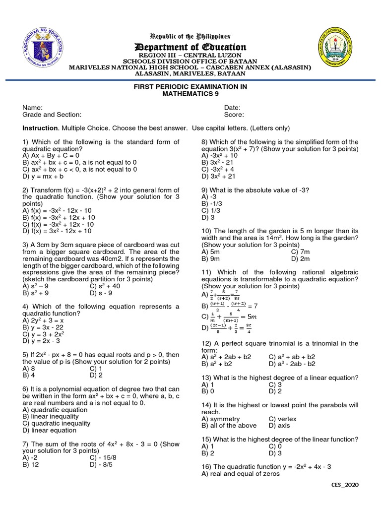 Department of Education: Republic of The Philippines | PDF | Quadratic ...