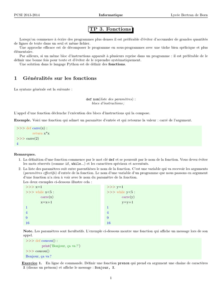 tp3 Fonction | PDF | Paramètre (Programmation informatique) | Python (Langage de programmation)