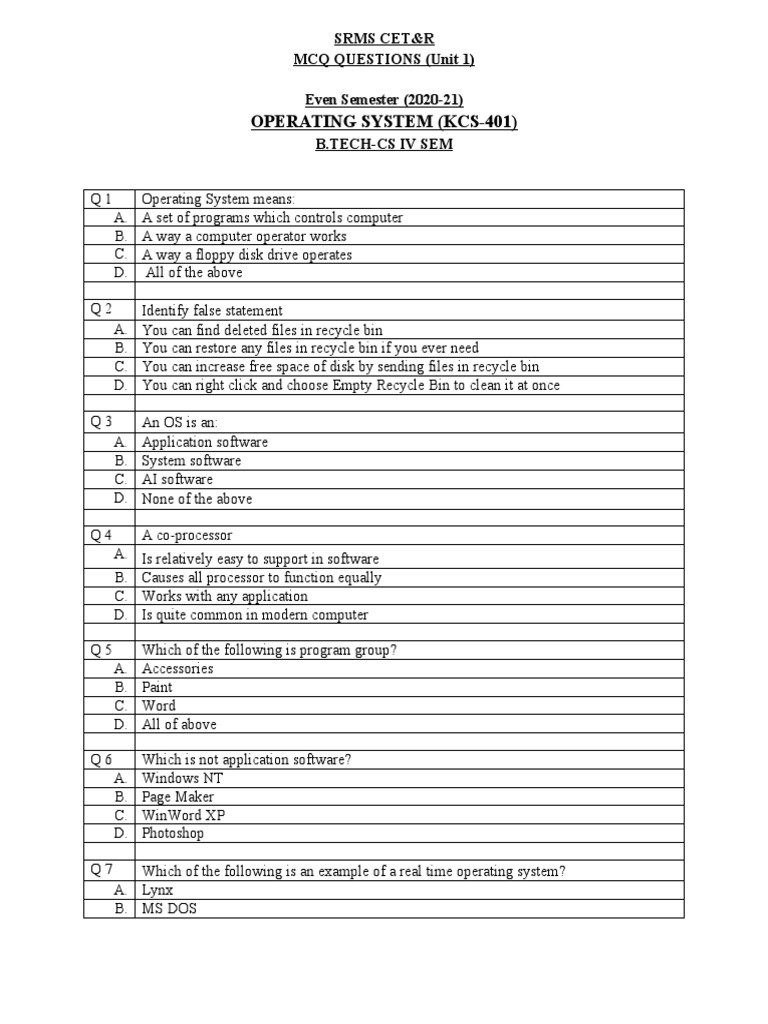 Operating System (Kcs-401) : Srms Cet&R MCQ Questions (Unit 1) Even ... Operating System (Kcs-401) : Srms Cet&R MCQ Questions (Unit 1) Even ...