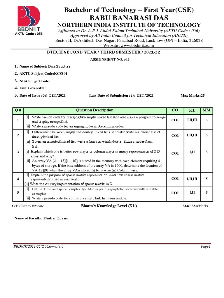 Assignment DS KCS301 Unit 1 | PDF | Array Data Structure | Matrix (Mathematics)