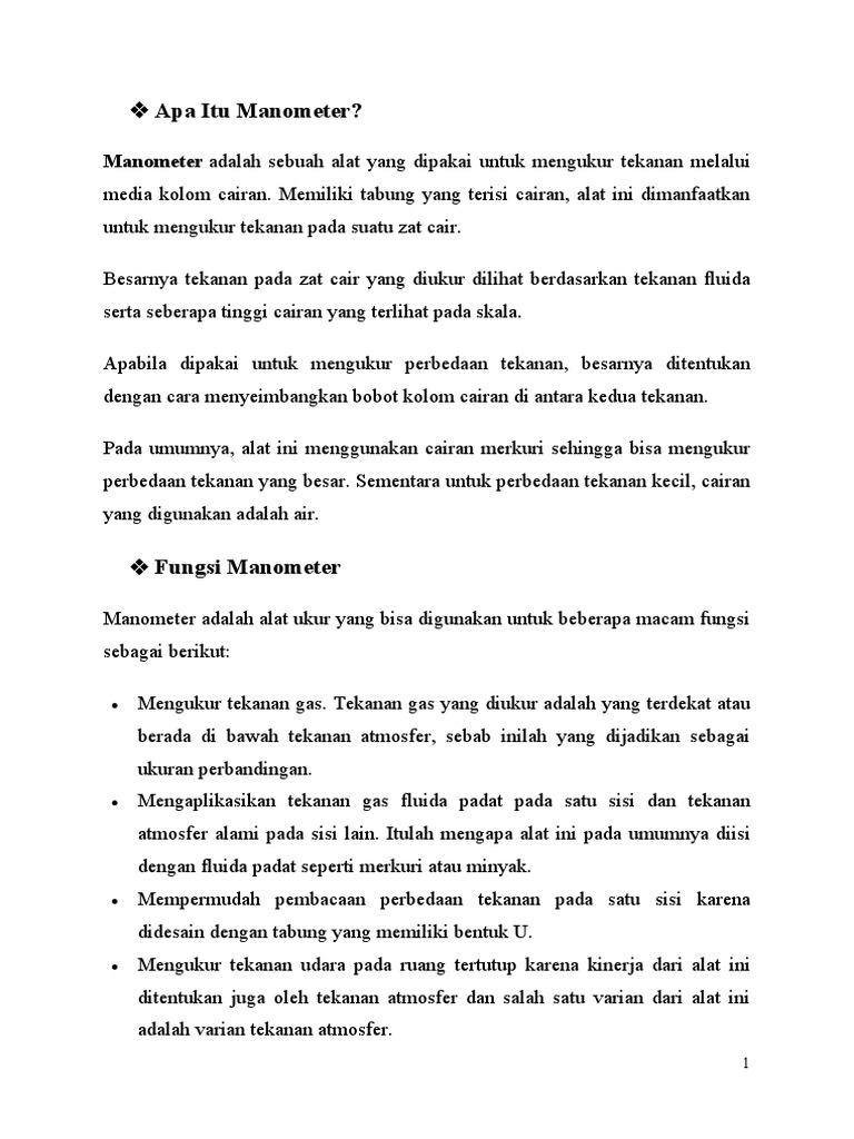 Panduan Lengkap Manometer: Fungsi, Jenis, dan Prinsip Kerja | PDF ...