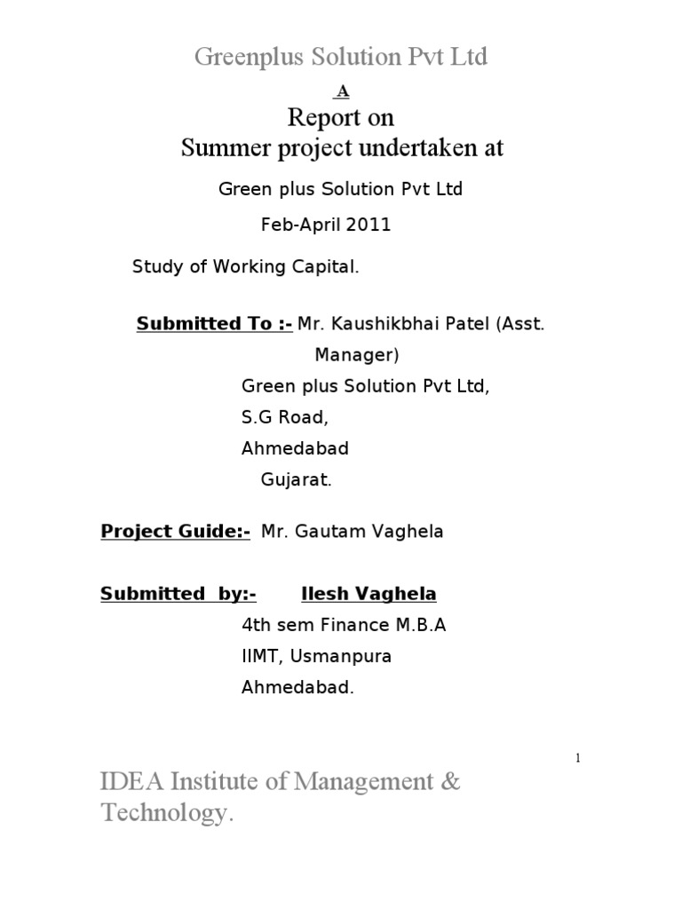 Analysis of Working Capital Management: A Report on the Summer Internship Project at Green Plus ...
