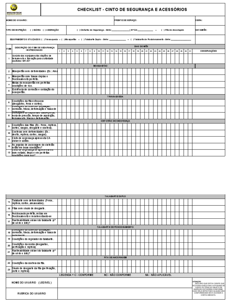 Check List - Cinto de Segurança e Acessorios | PDF