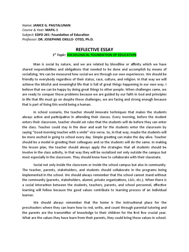 Foundations of Education Reflection Essay | PDF | Teachers | Learning