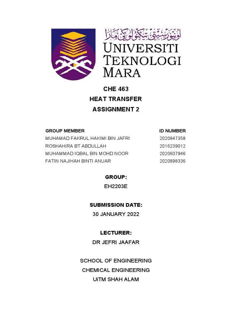 CHE 463 Heat Transfer Assignment 2: Group Member Id Number | Download Free PDF | Heat Exchanger ...