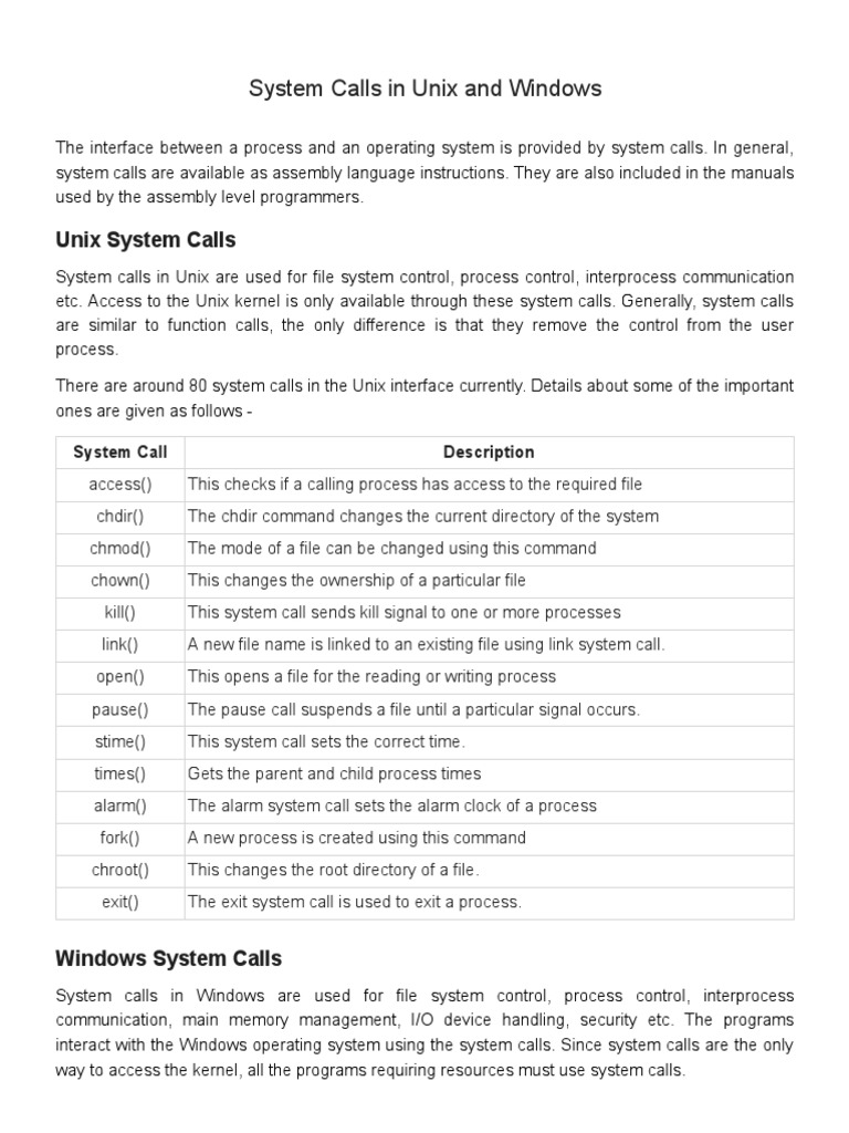 System Calls in Unix and Windows | PDF | Input/Output | Command Line Interface