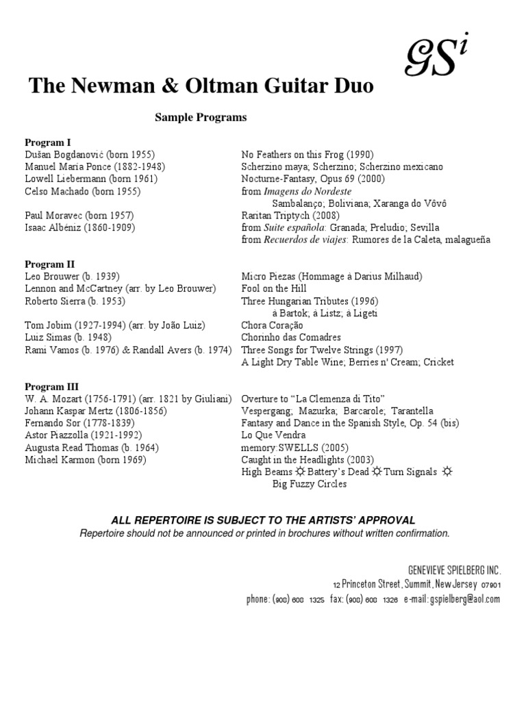 The Newman & Oltman Guitar Duo: Sample Programs | PDF | Classical Music ...