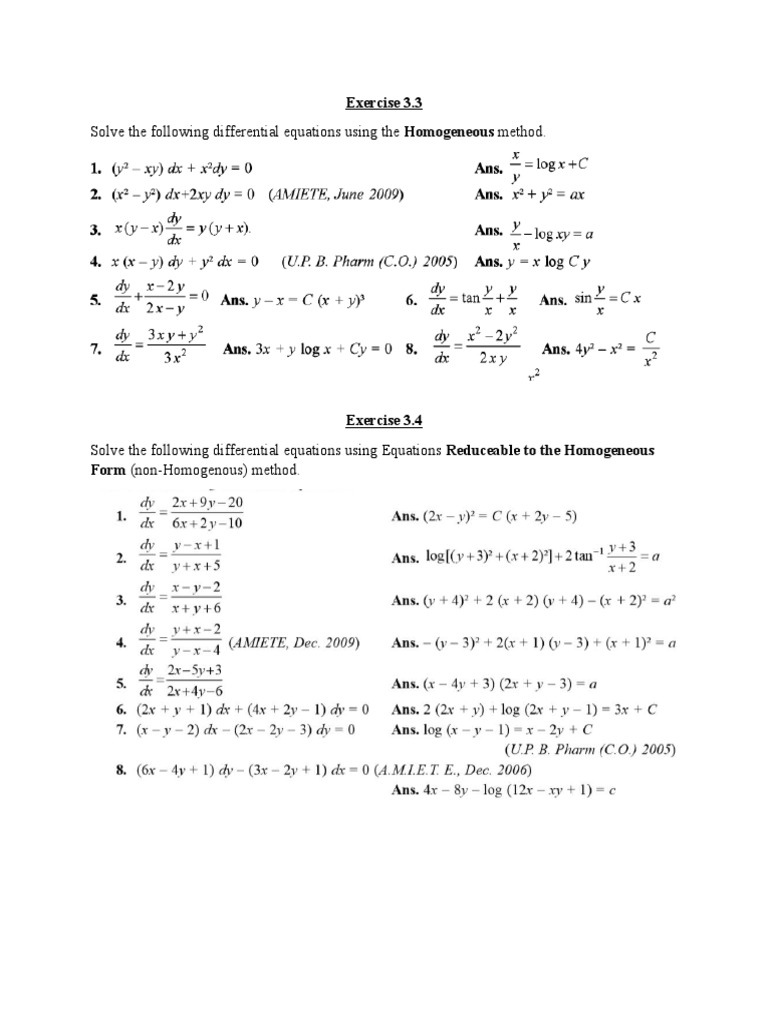 Solve The Following Differential Equations Using The Homogeneous Method ...