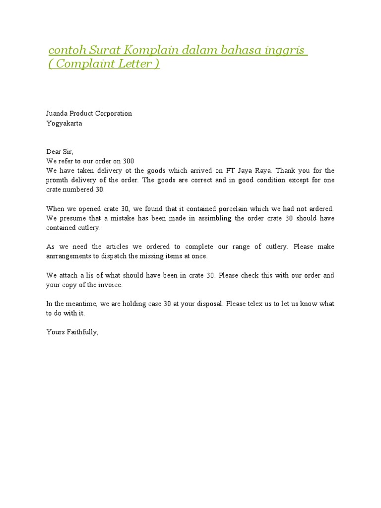 Contoh Surat Komplain Dalam Bahasa Inggris (Complaint Letter) | PDF