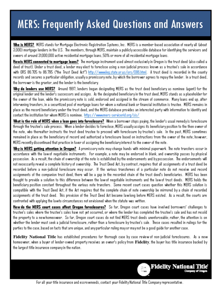 MERS: Frequently Asked Questions and Answers | PDF | Deed Of Trust ...