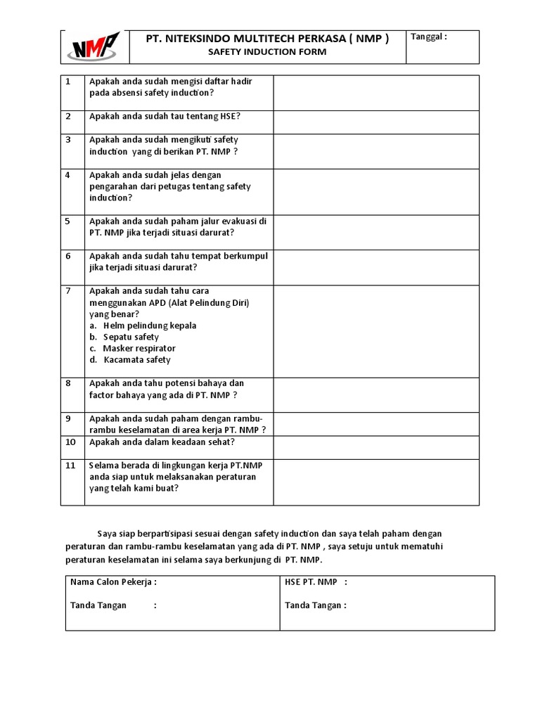 Form Induksi Keselamatan PT Niteksindo | PDF