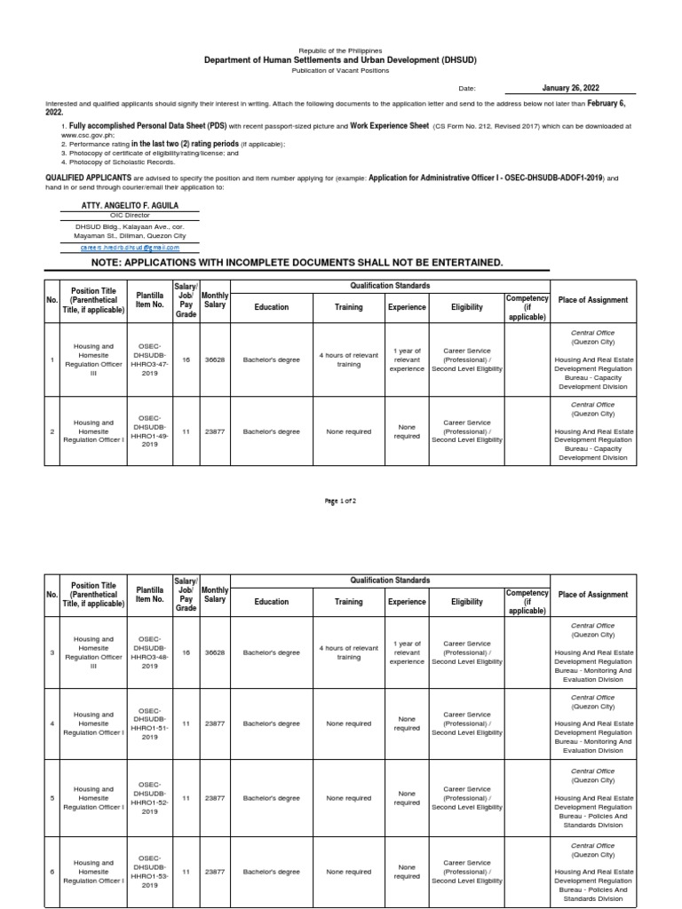 DHSUD Job Vacancies and Requirements | PDF