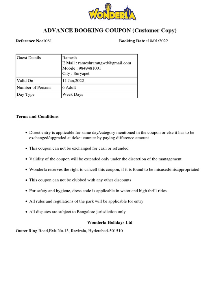Wonderla Tickets | PDF | Coupon