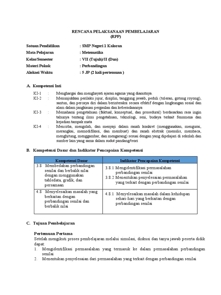 RPP KD 3 8 Perbandingan | PDF