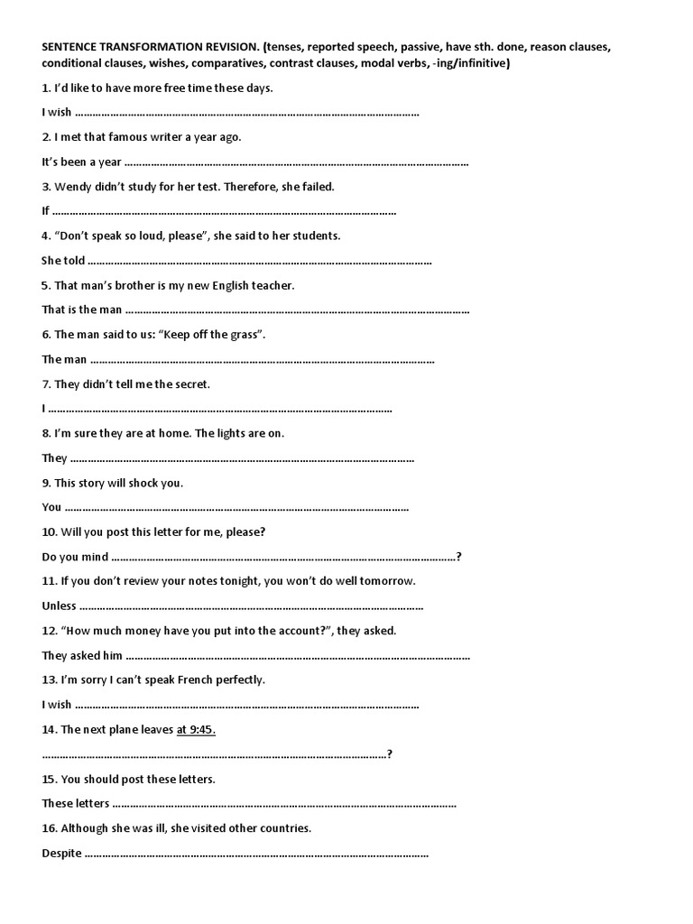 Sentence Transformation Exercises | PDF | Grammar | Linguistics