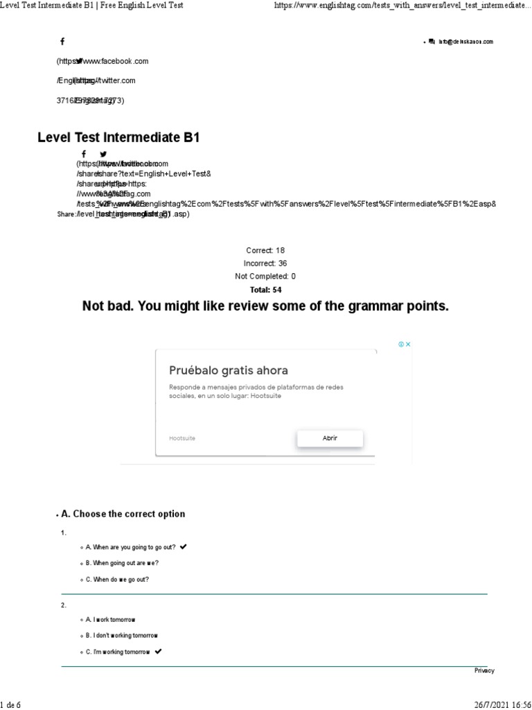 Level Test Intermediate B1 Free English Level Test | PDF