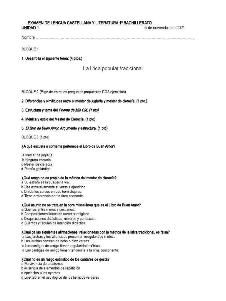 Examen de Literatura en La Edad Media Bachillerato | PDF