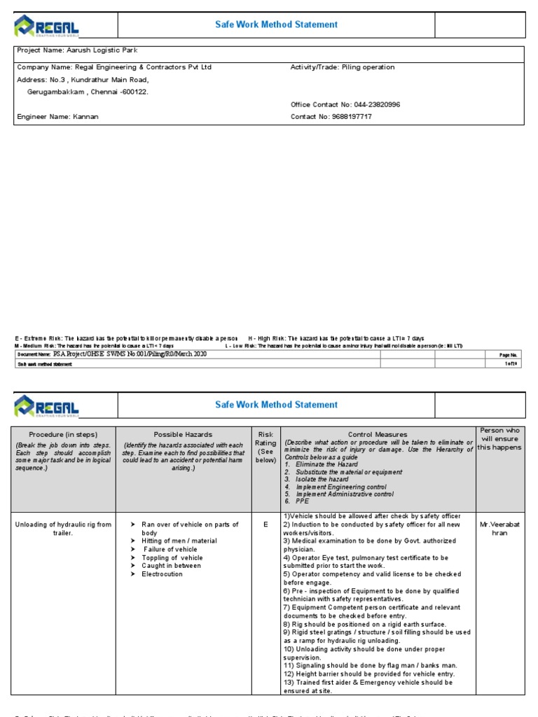 001 SWMS - Piling Work | PDF | Personal Protective Equipment | Risk