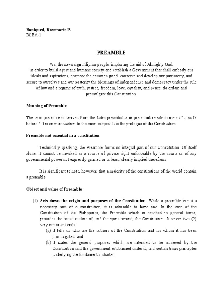 Preamble: Baniqued, Rosemarie P | PDF | Constitution | Legal Documents