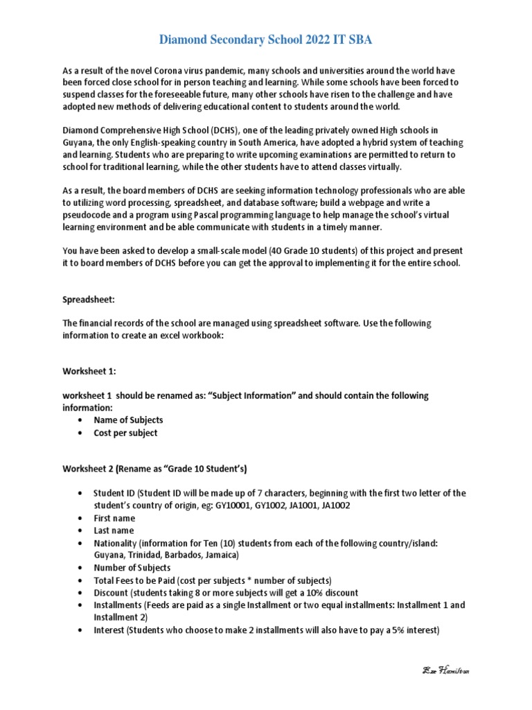 Diamond Secondary School 2022 IT SBA: Spreadsheet | PDF | Databases ...