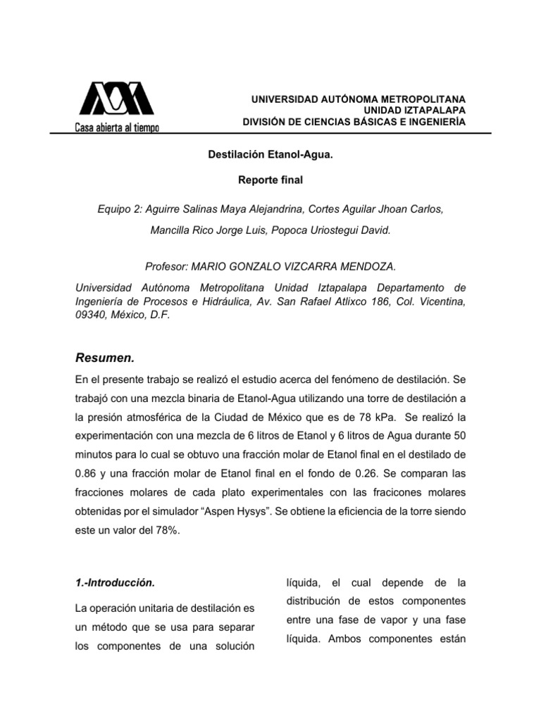 DestilaciÃ N Etanol-Agua FINAL 2 | PDF | Destilación | Naturaleza