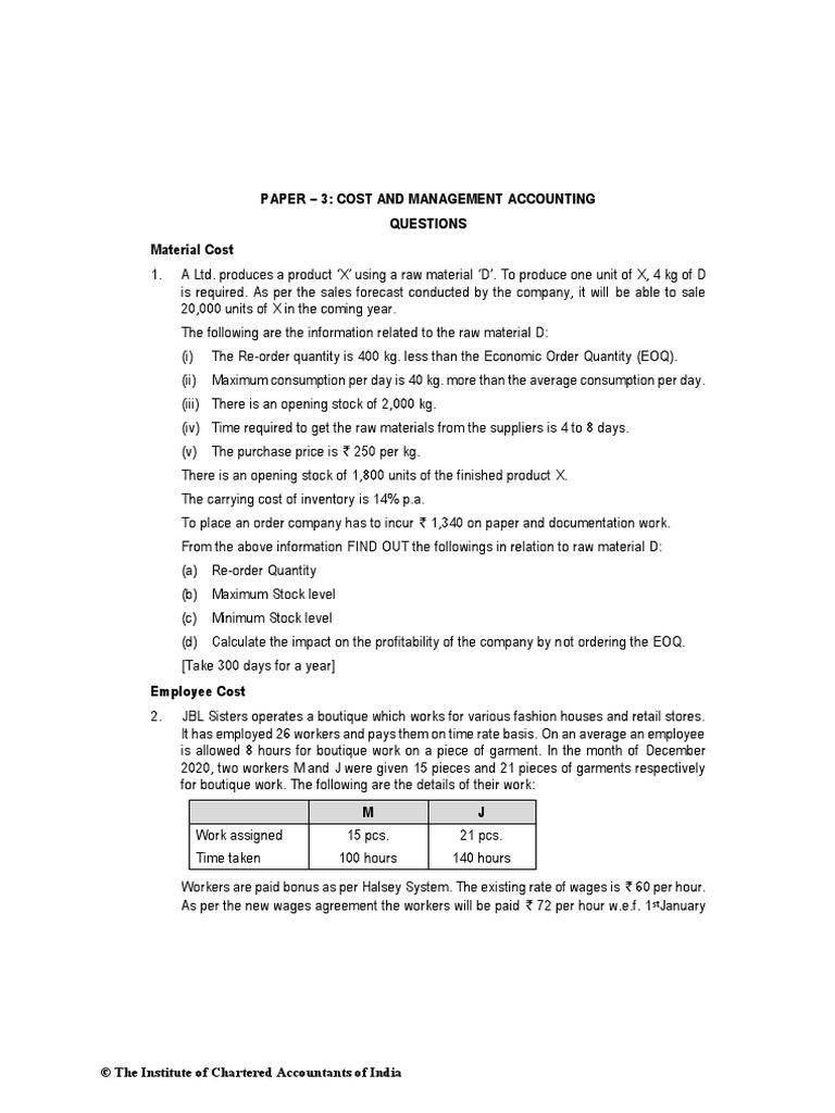 Paper - 3: Cost and Management Accounting Questions Material Cost | PDF ...