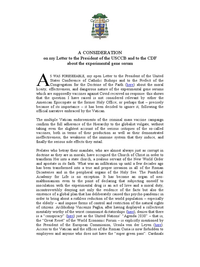 Letter From Archbishop Vigano To Church Bishops | PDF
