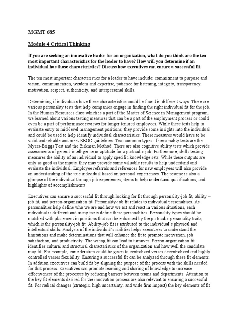 Module 4 Critical Thinking | PDF | Leadership | Critical Thinking Module 4 Critical Thinking | PDF | Leadership | Critical Thinking